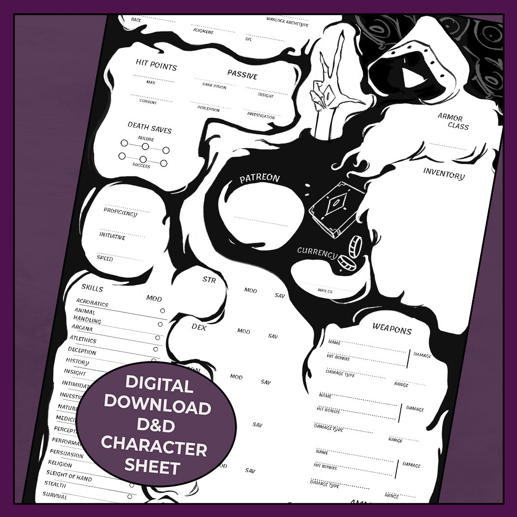 D&D 5e Warlock Character Sheet, Dark Pact - Fillable PDF