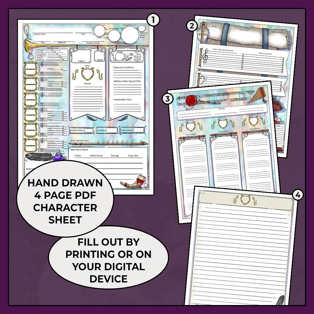 D&D 5e Bard Character Sheet, A Bards Adventure - Fillable PDF – Armor Class