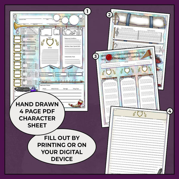 D&D 5e Bard Character Sheet, A Bards Adventure - Fillable PDF