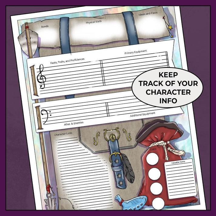 D&D 5e Bard Character Sheet, A Bards Adventure - Fillable PDF – Armor Class