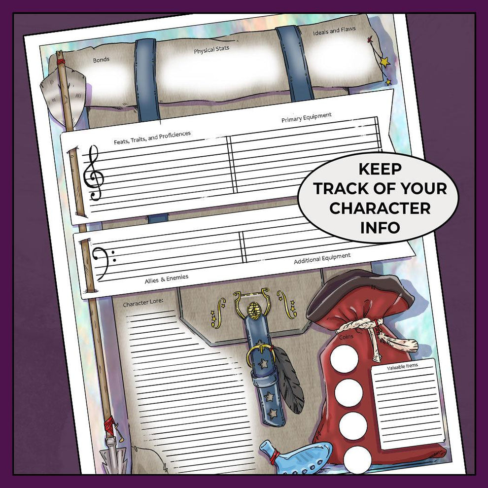 D&D 5e Bard Character Sheet, A Bards Adventure - Fillable PDF – Armor Class