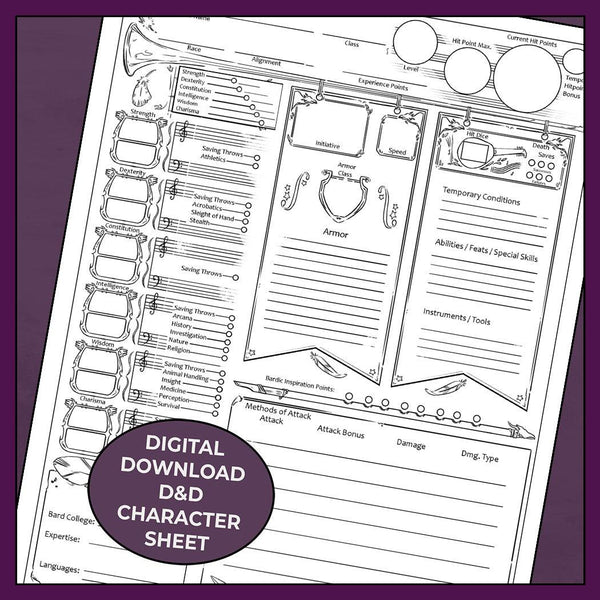 A Bards Adventure, Colorless - 5e Bard Character Sheet, Fillable PDF