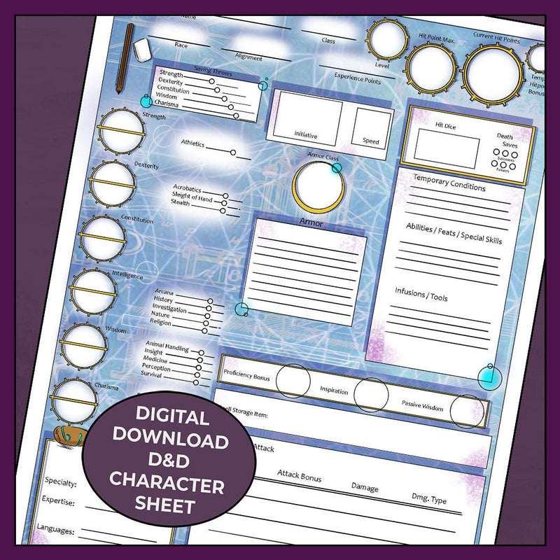 D&D 5e Artificer Character Sheet, Blueprint - Fillable PDF