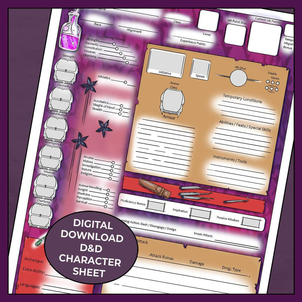 D&D 5e Rogue Character Sheet, Deceptive Rogue - Fillable PDF – Armor Class