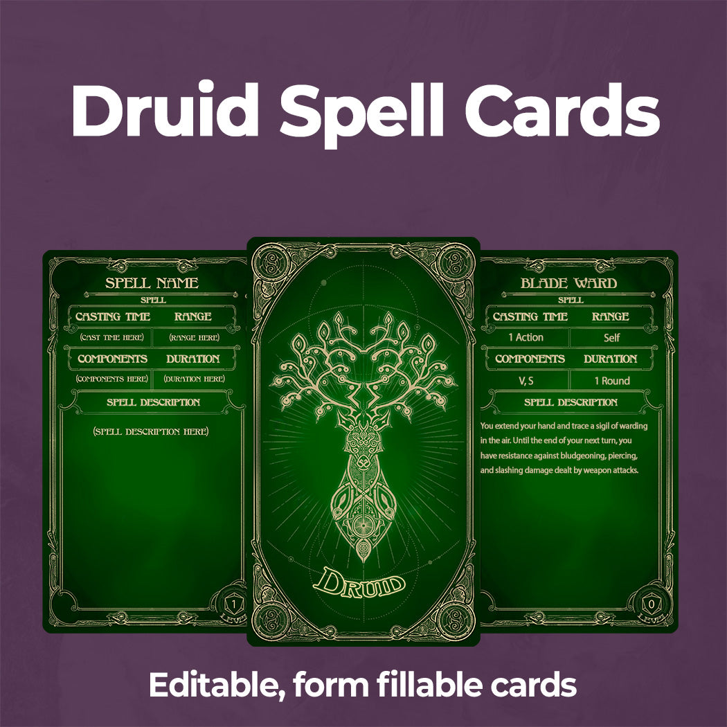 Druid Spell Cards - D&D 5e Spell Cards - Fillable PDF