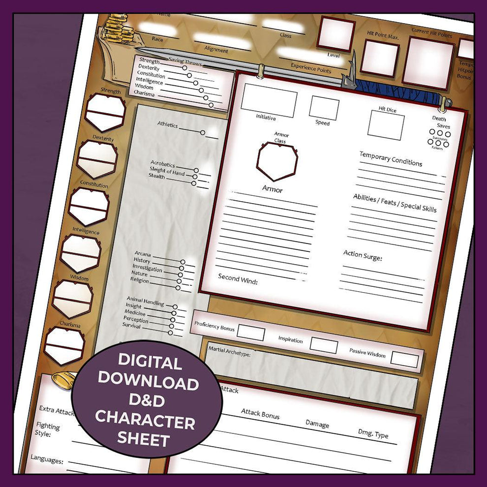 D&D 5e Fighter Character Sheet, Indomitable - Fillable PDF – Armor Class