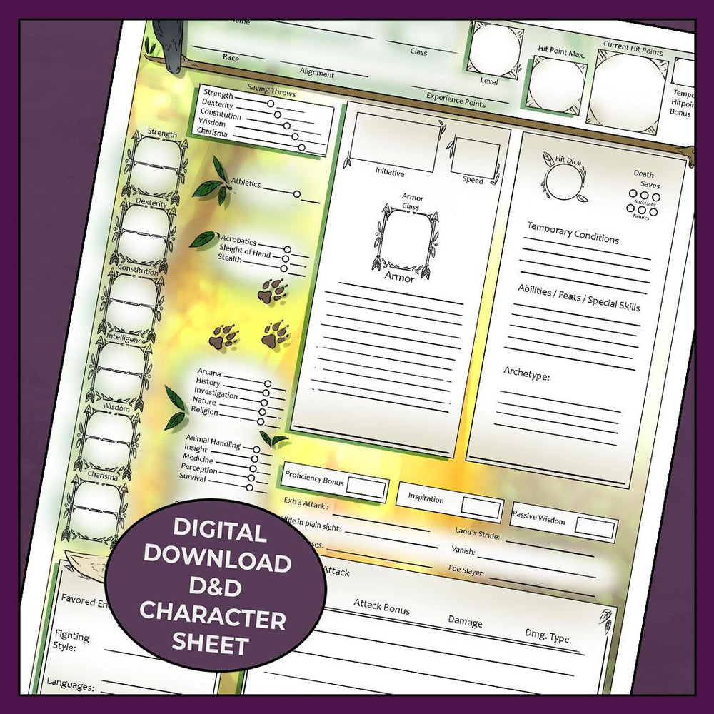 D&D 5e Ranger Character Sheet, Lone Ranger - Fillable PDF