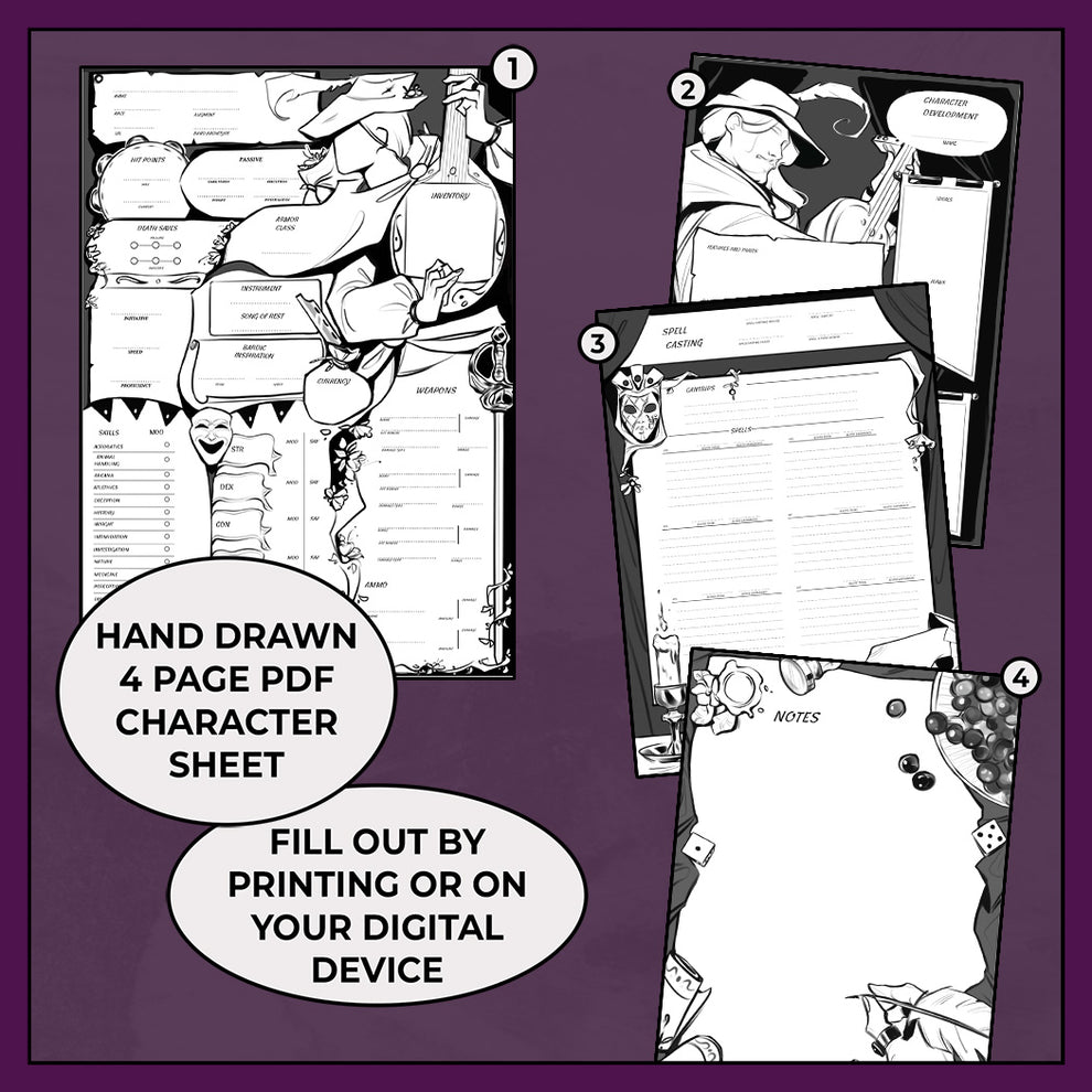 D&D 5e Bard Character Sheet, Midnight Melody - Fillable PDF – Armor Class