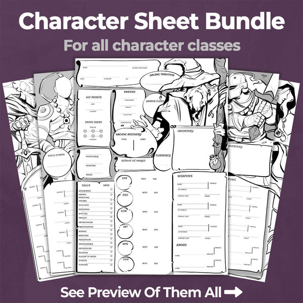 D&D 5e Character Sheet Bundle - All Classes | Noir