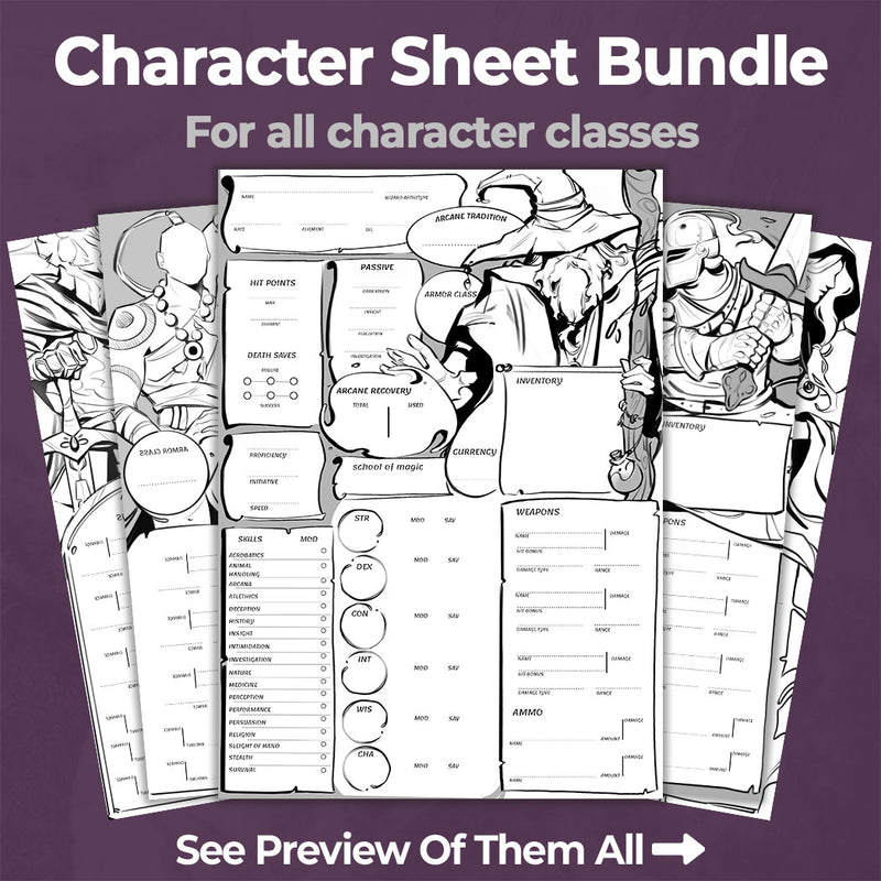 D&D 5e Character Sheet Bundle - All Classes | Noir