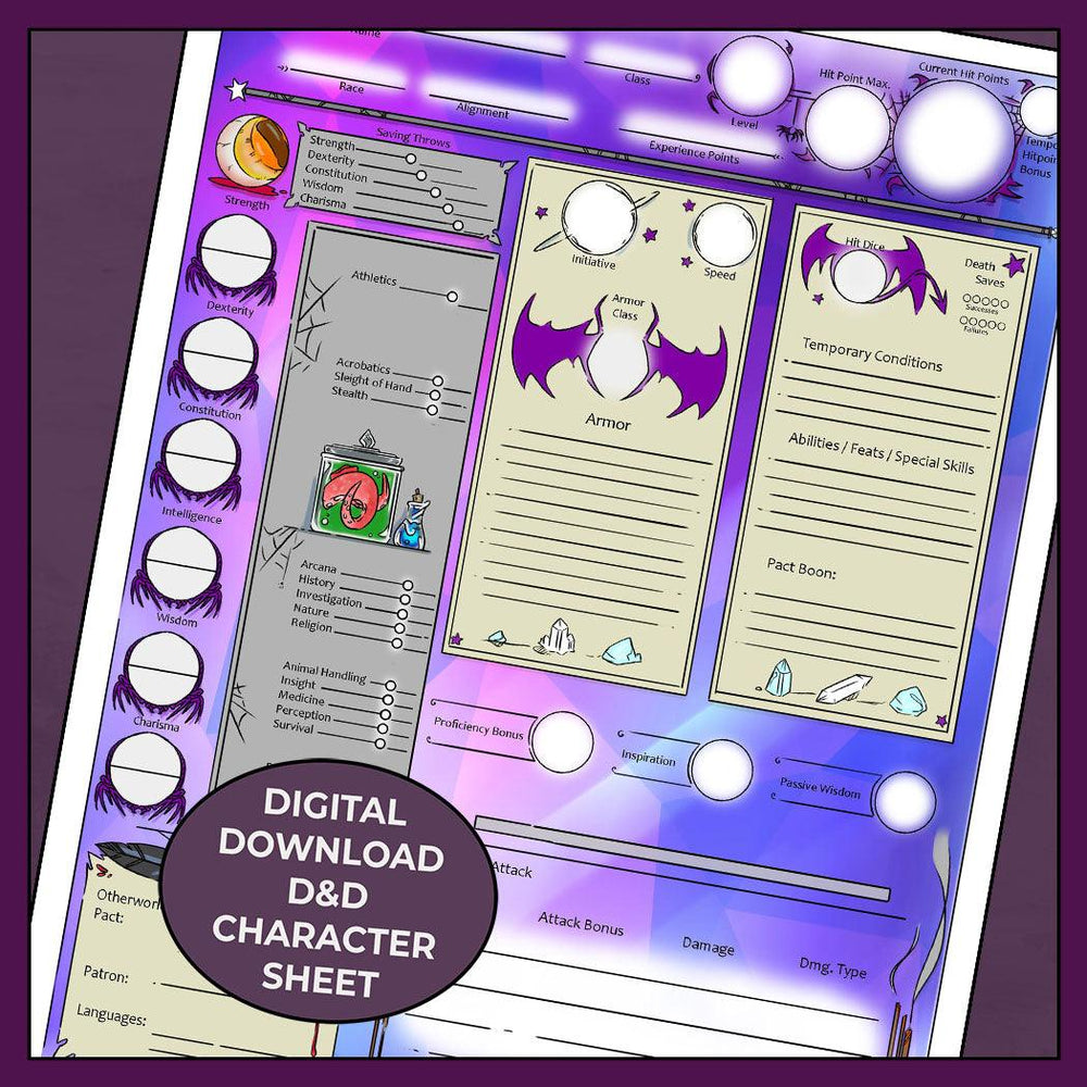 D&D 5e Warlock Character Sheet, Otherworldly Warlock - Fillable PDF