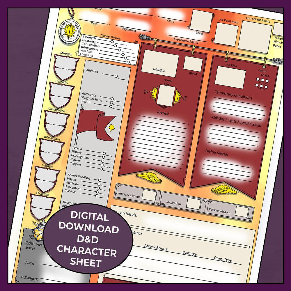 D&D 5e Paladin Character Sheet, Righteous Paladin - Fillable PDF