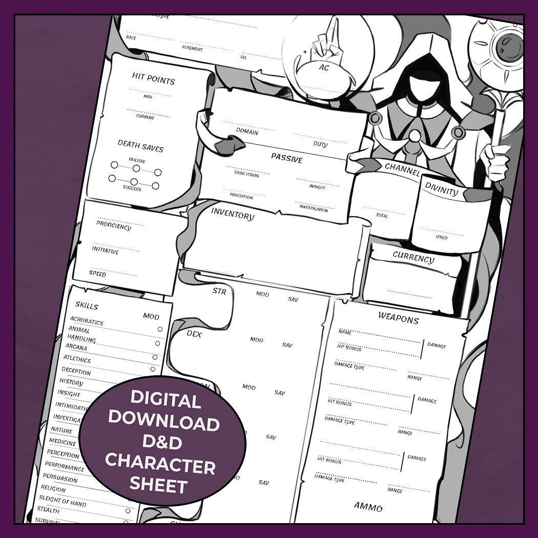 D&D 5e Cleric Character Sheet, Seraphic Cleric - Fillable PDF