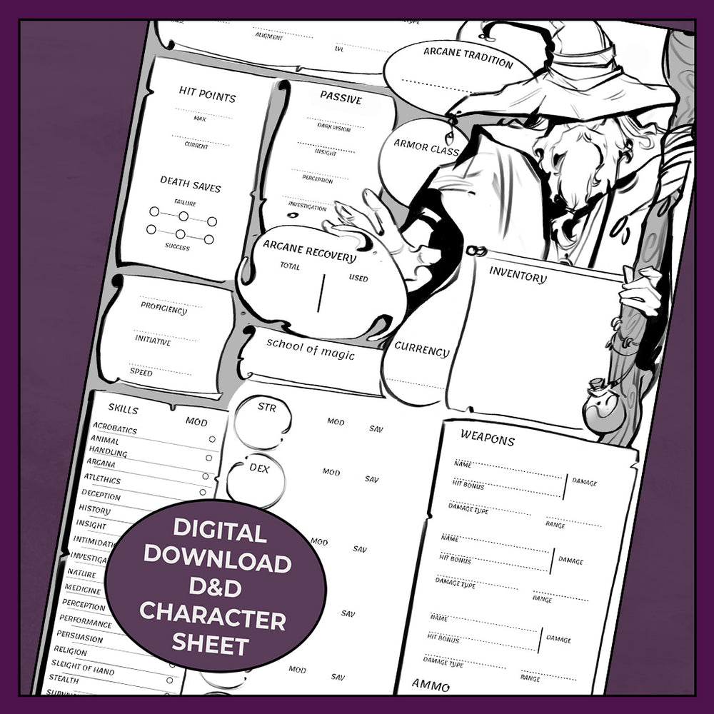 D&D 5e Wizard Character Sheet, Spellbound - Fillable PDF