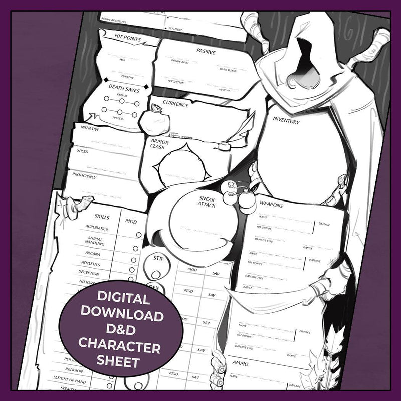 D&D 5e Rogue Character Sheet, Stealthy Rogue - Fillable PDF