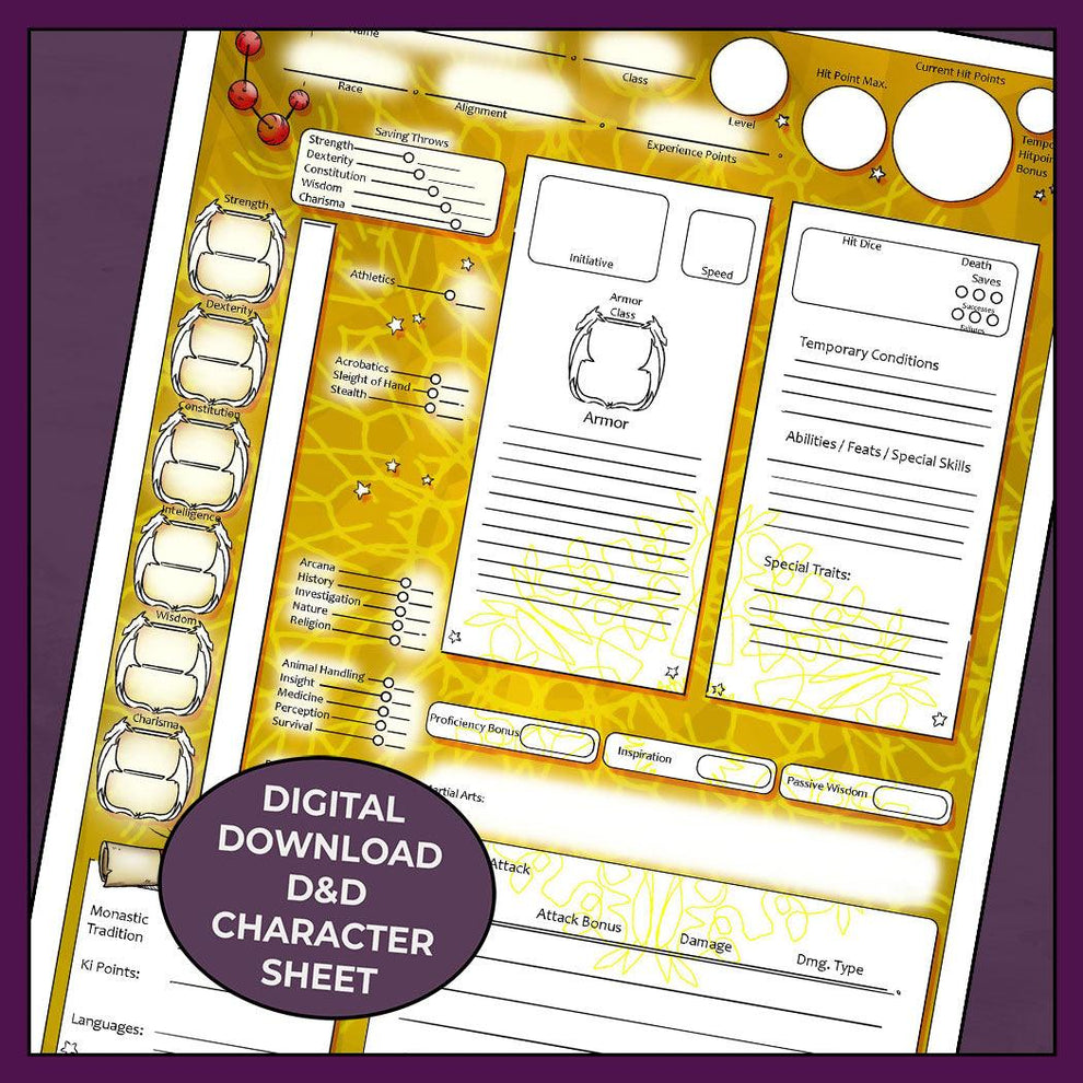 D&D 5e Monk Character Sheet, Unarmed Monk - Fillable PDF – Armor Class