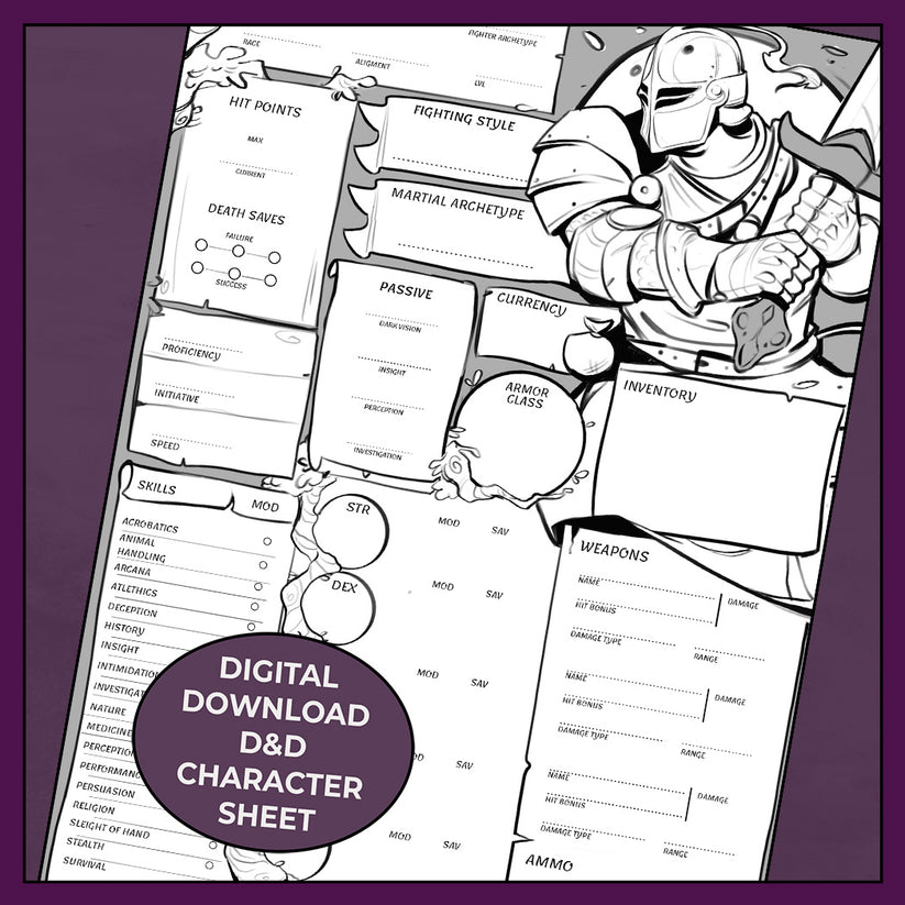 D&D 5e Fighter Character Sheet, Vanguard - Fillable PDF – Armor Class