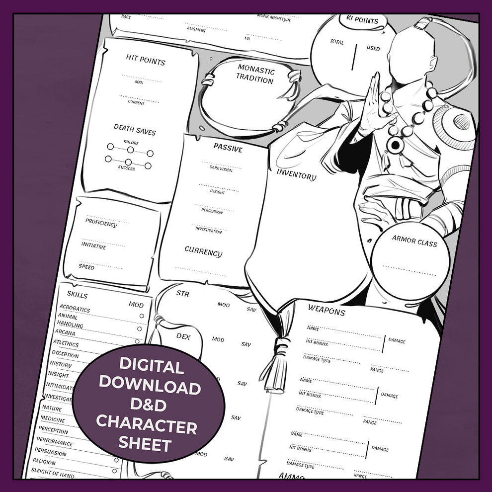 D&D 5e Monk Character Sheet, Wayfarer - Fillable PDF – Armor Class